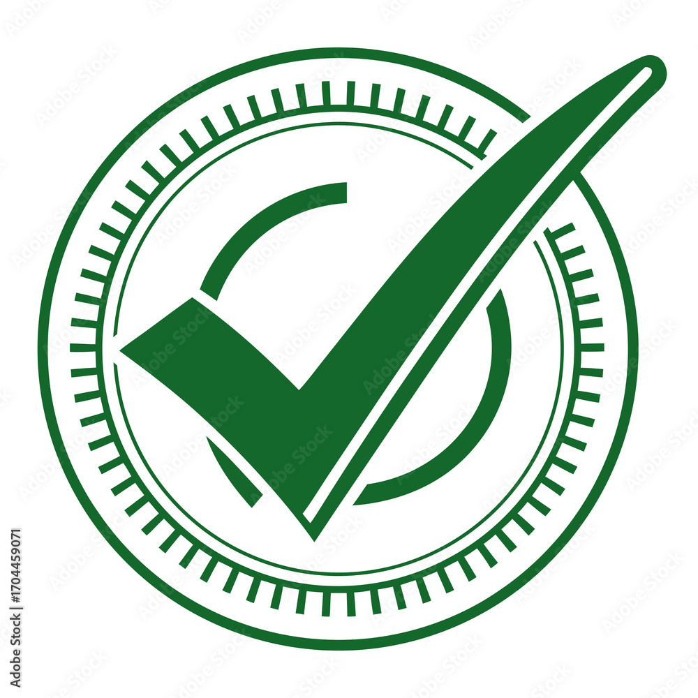 Green check mark inside a circle with tick marks around the edge and a ...