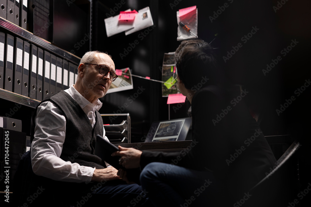 Detective officers study surveillance photos on a mystery board, using ...