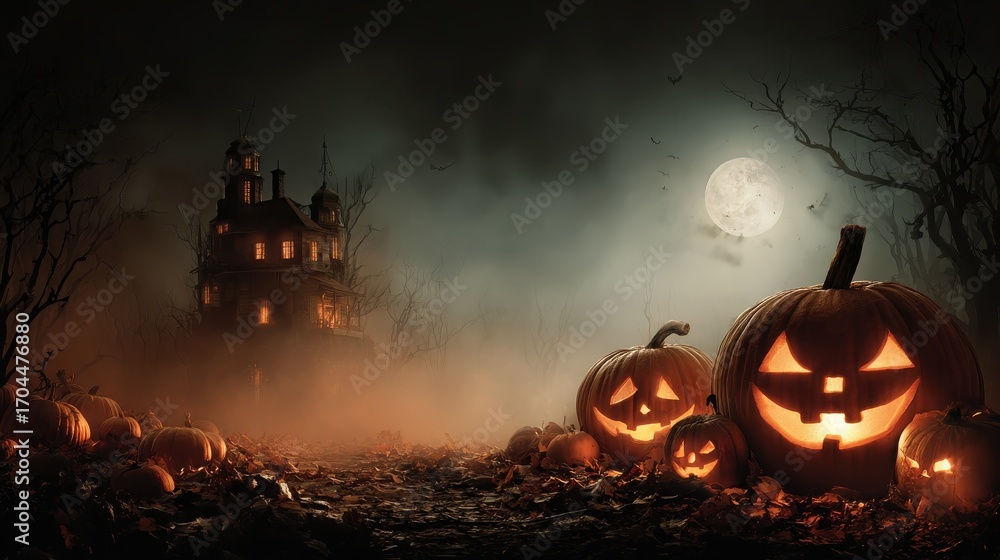 halloween background with pumpkins and haunted house halloween ...