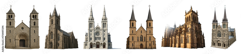 Church building set including various architectural styles isolated ...