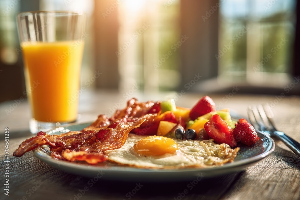 Bright Morning Breakfast - Crispy Bacon, Sunny-Side Up Egg, Fresh Fruit ...