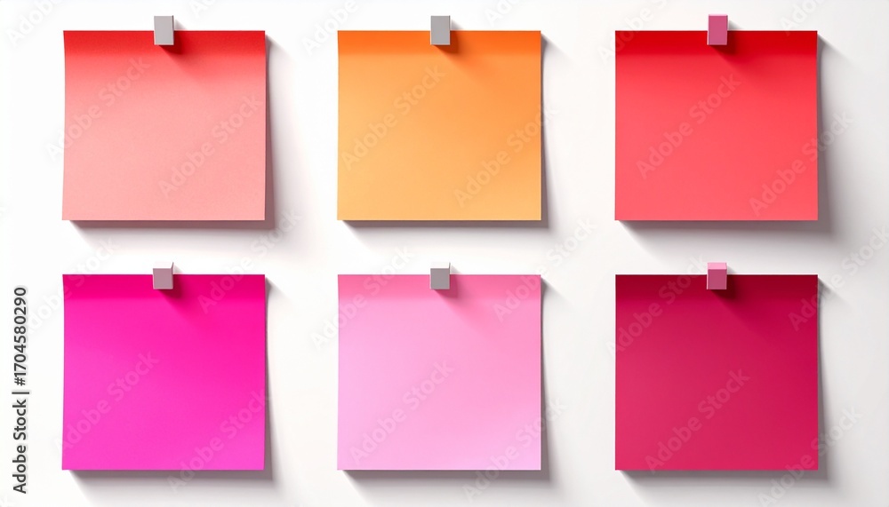 Six colorful blank sticky notes in vibrant shades of pink and orange ...
