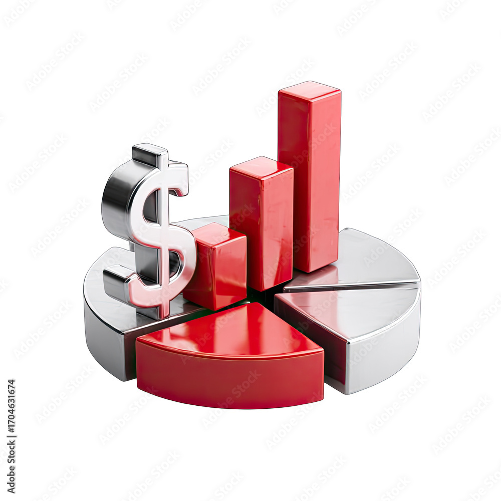 3D graphic of a pie chart with dollar sign and rising bar graph. Red ...
