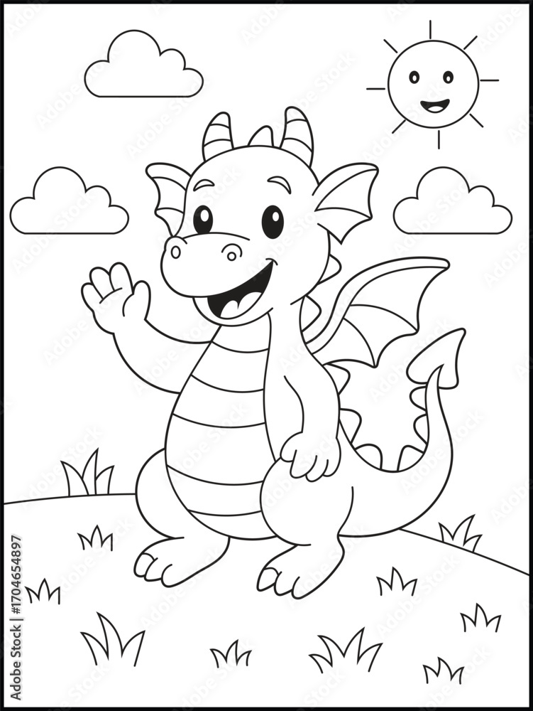 Cute Baby Dragon Coloring Page for Kids with Smiling Cartoon Fantasy ...