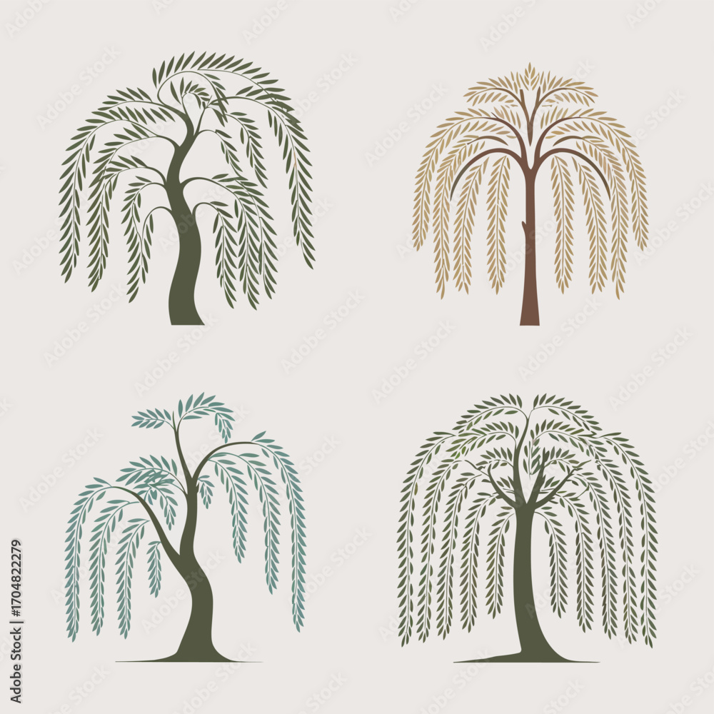Vector de Stock Four stylized willow trees in different color palettes ...