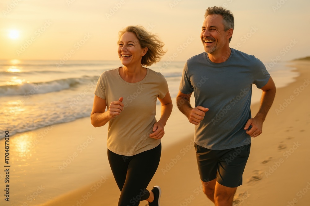 Happy midlife couple running along sunrise beach fitness lifestyle ...