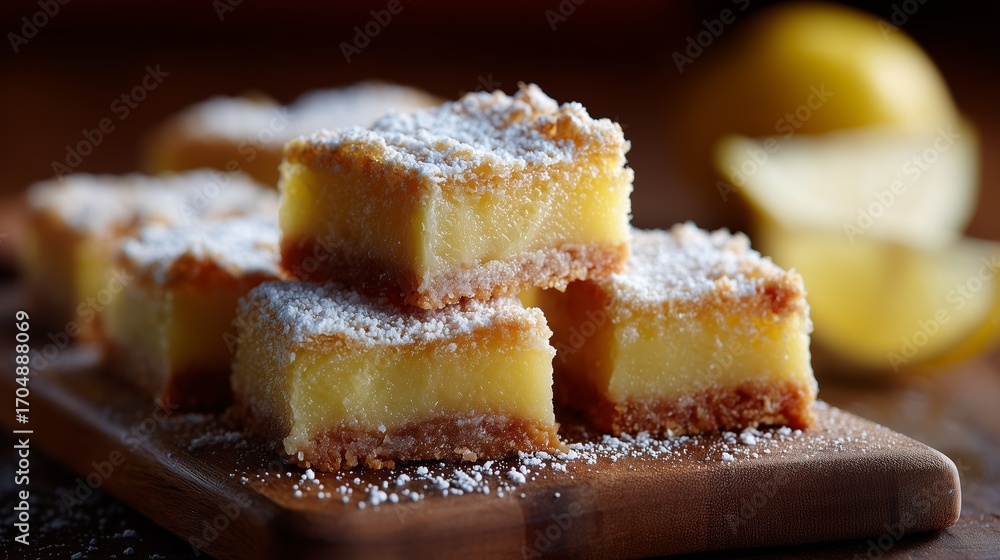 Stack of tangy lemon bars on wooden board sprinkled with powdered sugar ...