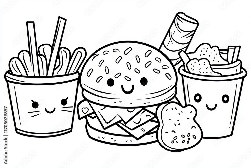 Kawaii fast food coloring page for kids in cute cartoon vector style ...