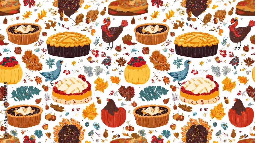 Thanksgiving seamless vector pattern with pies, turkeys, autumn leaves ...