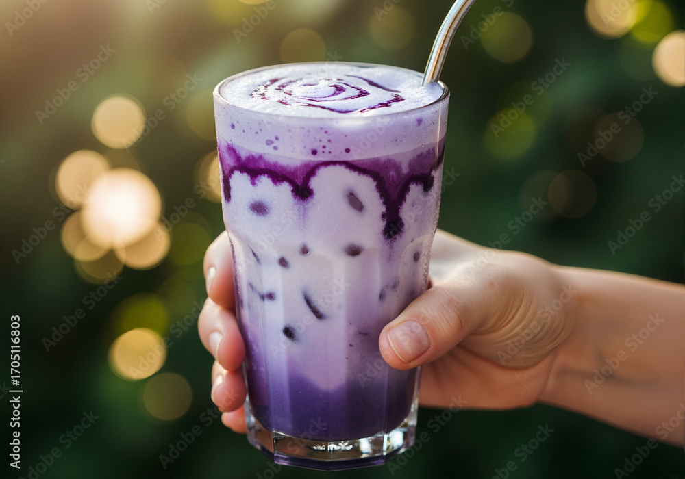 Foto de Stock Ube soft serve in clear glass with metal straw offers ...