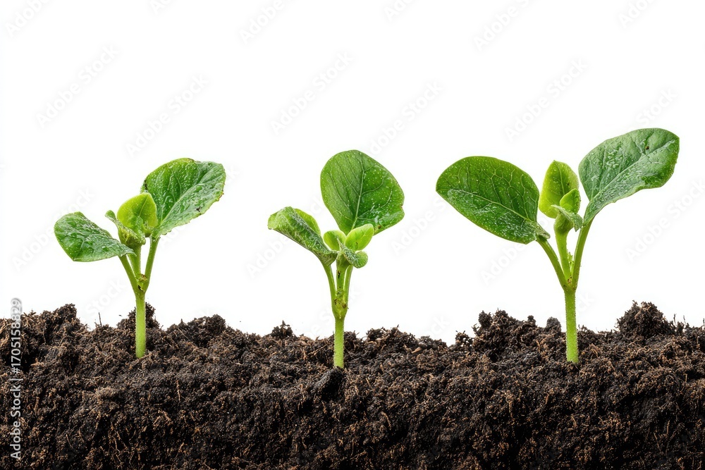 Three young plants sprout from dark soil against a white background ...