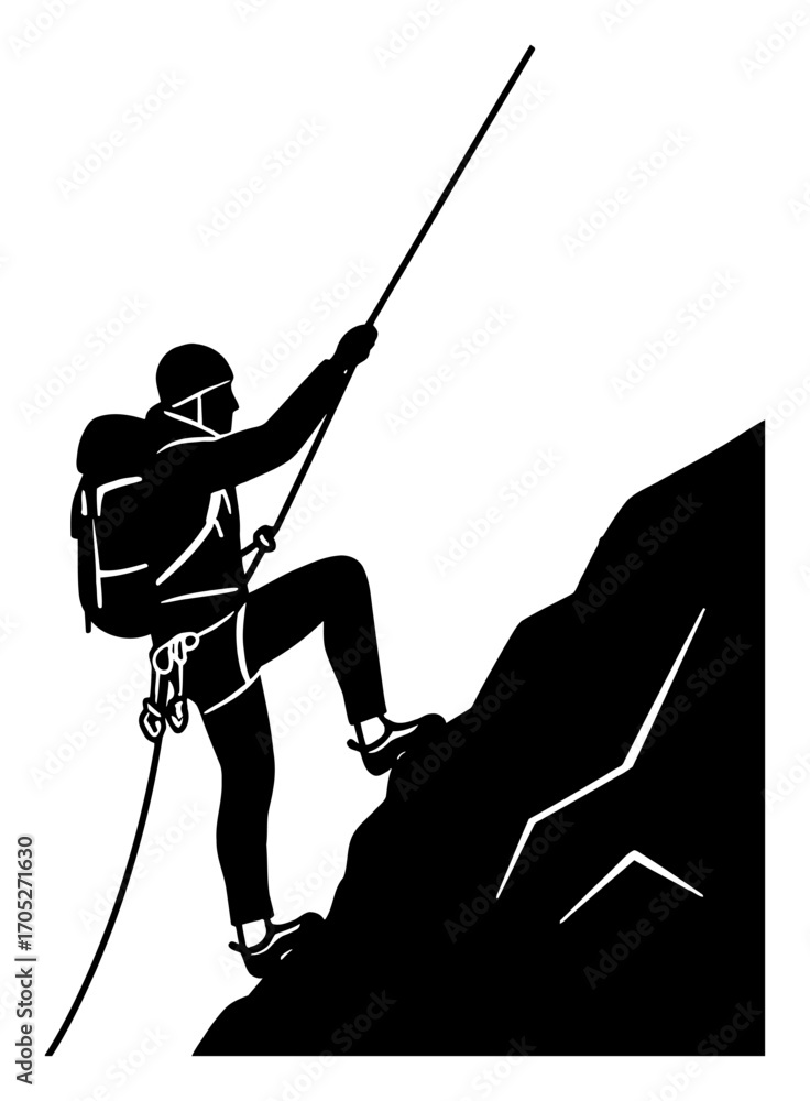 Mountain Climber Ascending Rock Face with Rope and Backpack Simple Logo ...