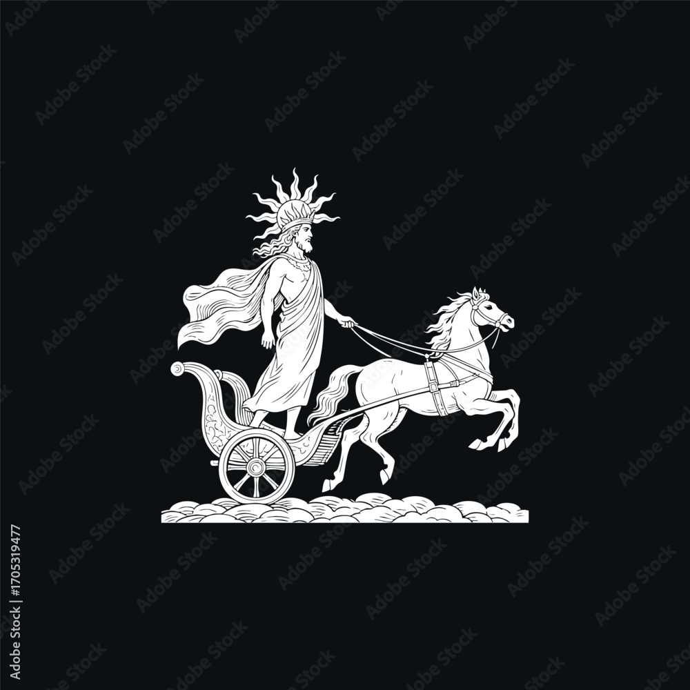 engraving of Helios, the Greek god of the sun, driving his celestial ...