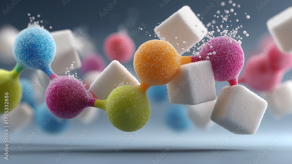 Floating sugar cubes dissolving into vibrant molecular structures ...