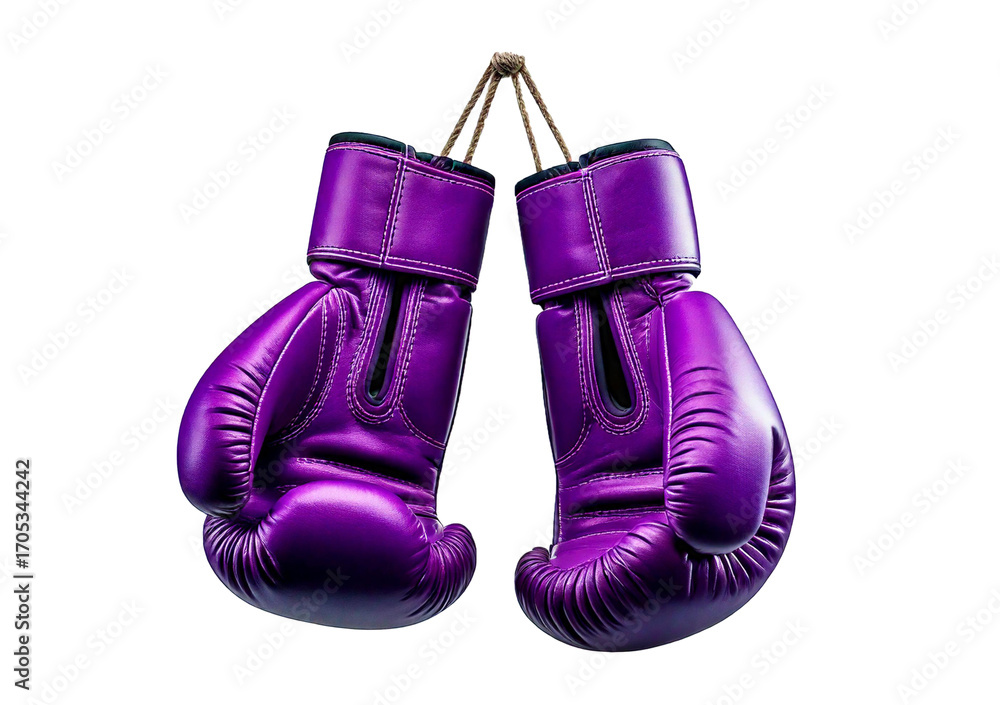 A pair of purple boxing gloves hang from a hook, ready for use isolated ...