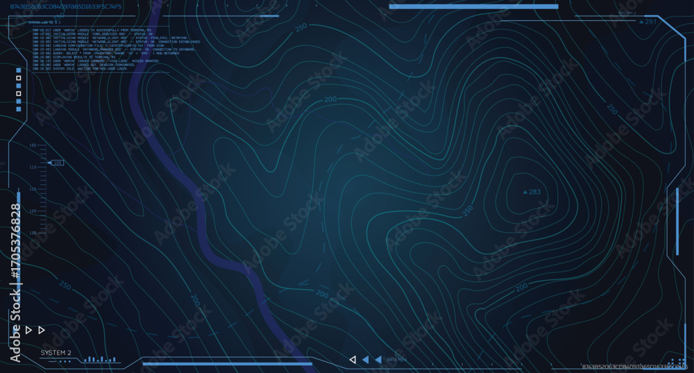 Futuristic blue topographic map with military HUD overlay. Elevation ...