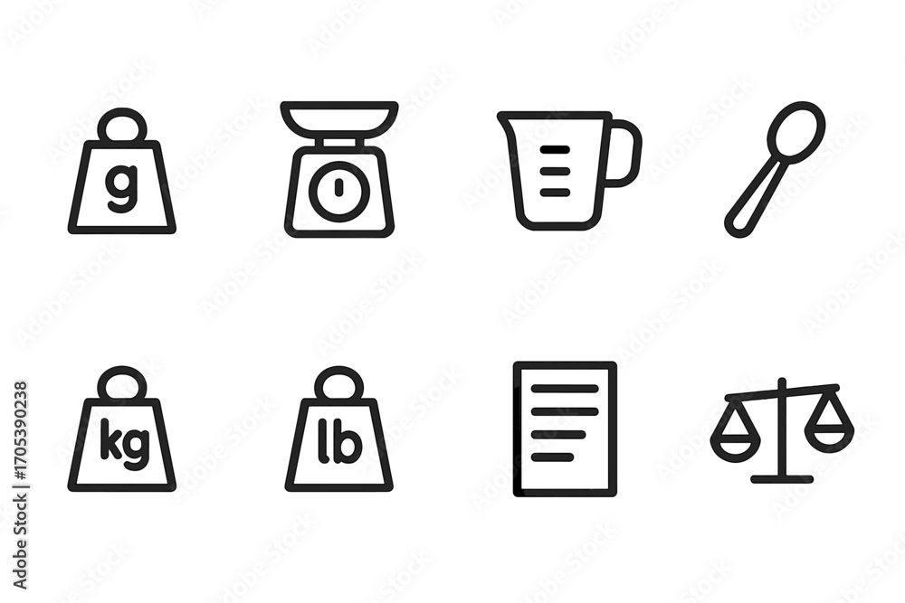 Serving Size Icons. Outline icon set of serving size and weight: gram ...