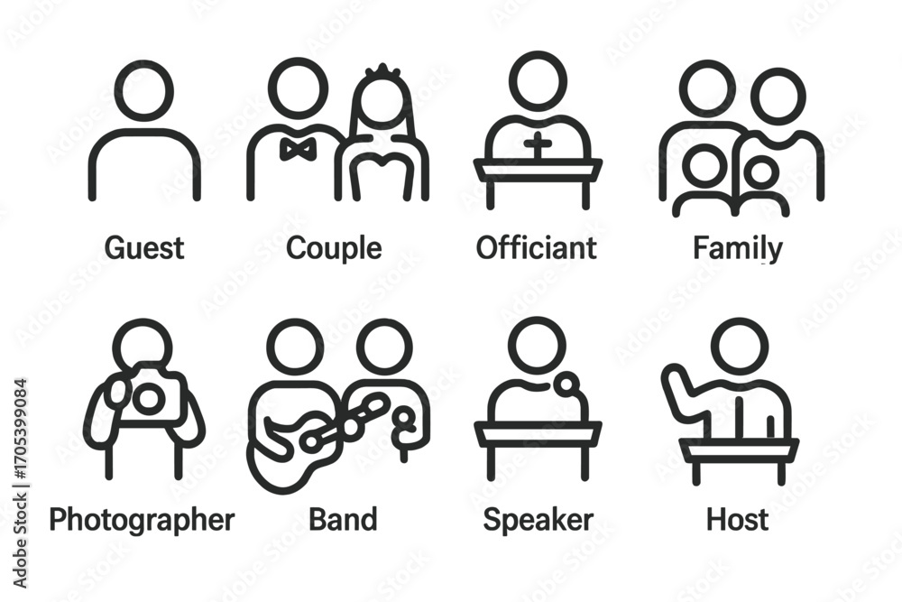 Ceremony Attendee Icons. Outline icon set of ceremony attendees: guest ...