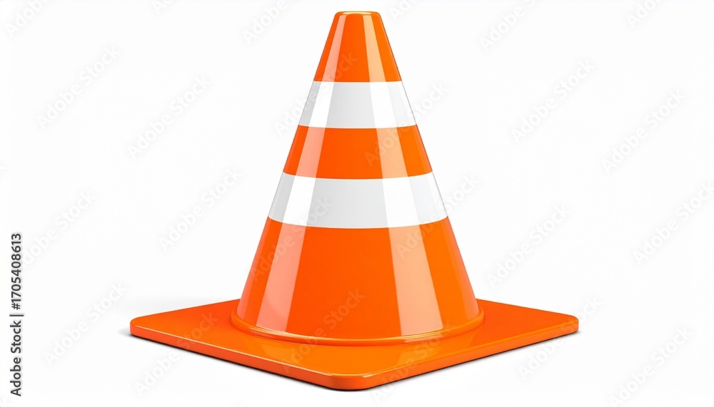 Orange and white striped traffic cone with square base, placed against ...