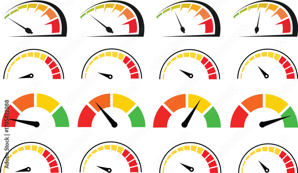 Speed signs. Speedometer black icons set. Speed indicators with arrows. Fast speed. Internet ...