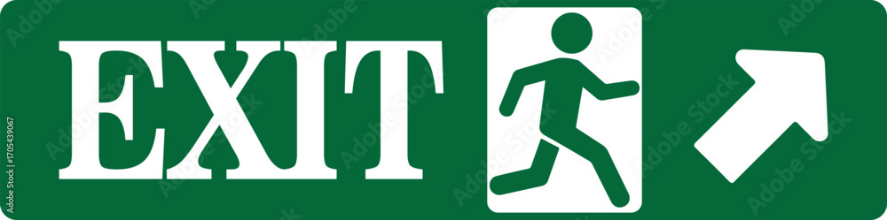 Green and white emergency exit sign with a running person pictogram and ...
