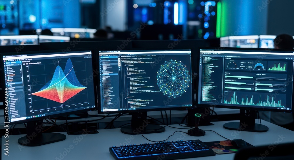 Data Visualization: Night-lit Monitors Displaying Graphs, Charts, and ...