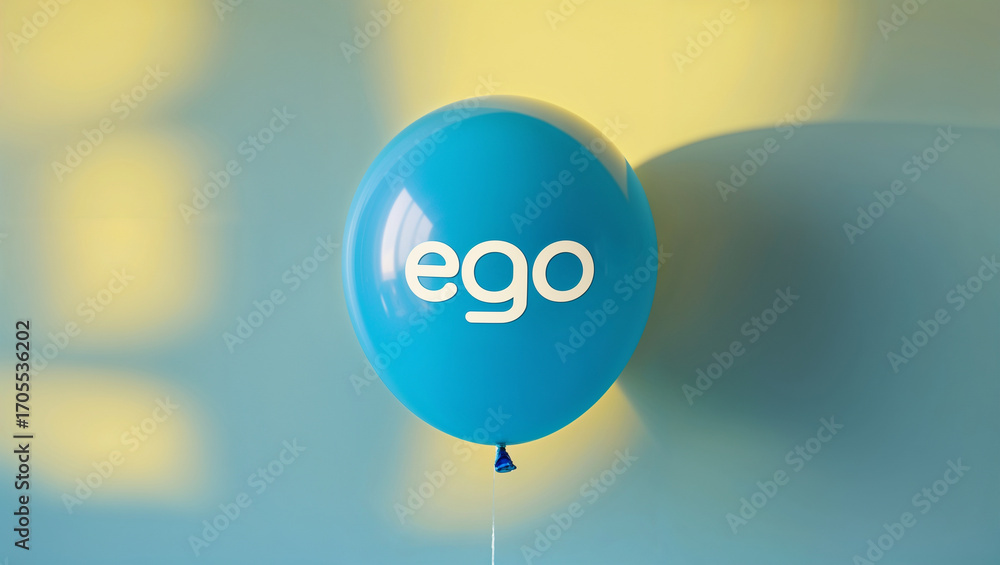Blue balloon with ego text about to pop with pin, symbol of inflated ...