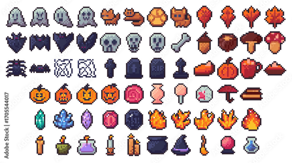 Pixel art halloween icon pack for game. Ghost, pumpkin, skull, bat and ...
