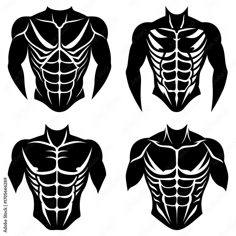 Four stylized black and white depictions of muscular torsos with ...