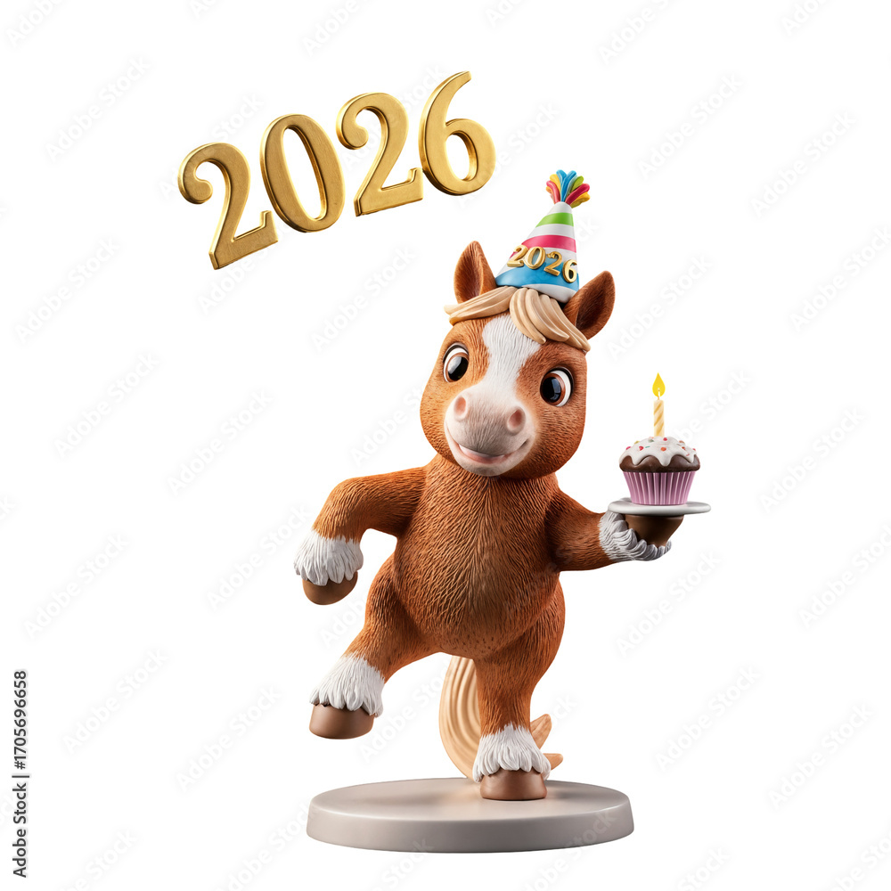 Illustration Stock “Red pony holding birthday cake, 2026 celebration ...