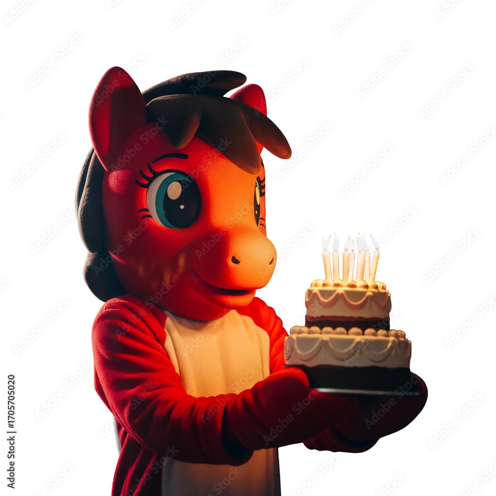 Illustration Stock “Red pony holding birthday cake, 2026 celebration ...