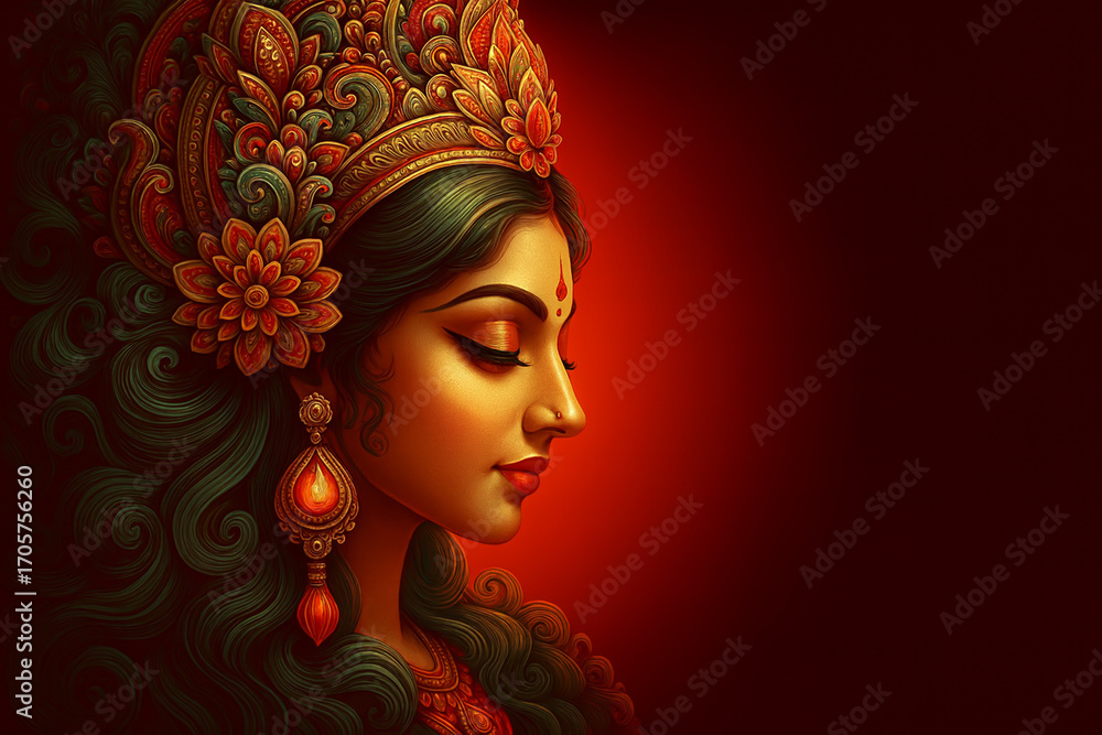 Traditional Portrait of Goddess Durga Devi in Red Saree for Navratri ...