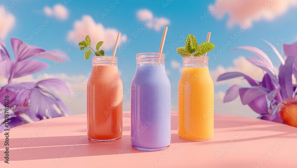 Three pastel-colored smoothies in glass bottles with straws and mint ...