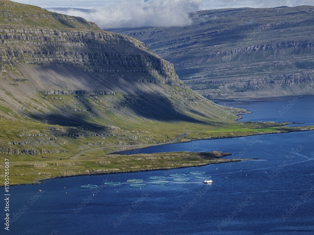 Mountains, fjord, coast, summer, aerial view, fish farm, salmon farm ...