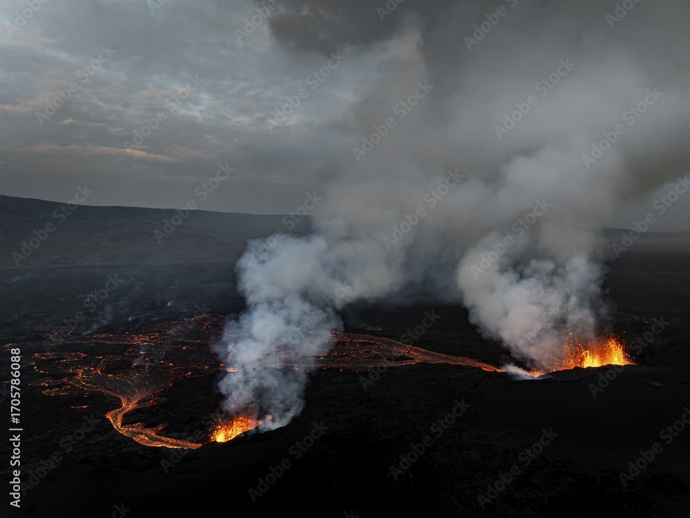 Lava, volcanic eruption, volcano, ash cloud, aerial view, Sundhnúkur ...