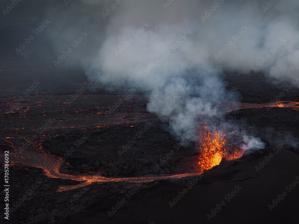 Stock-Foto „Lava, volcanic eruption, volcano, ash cloud, aerial view ...