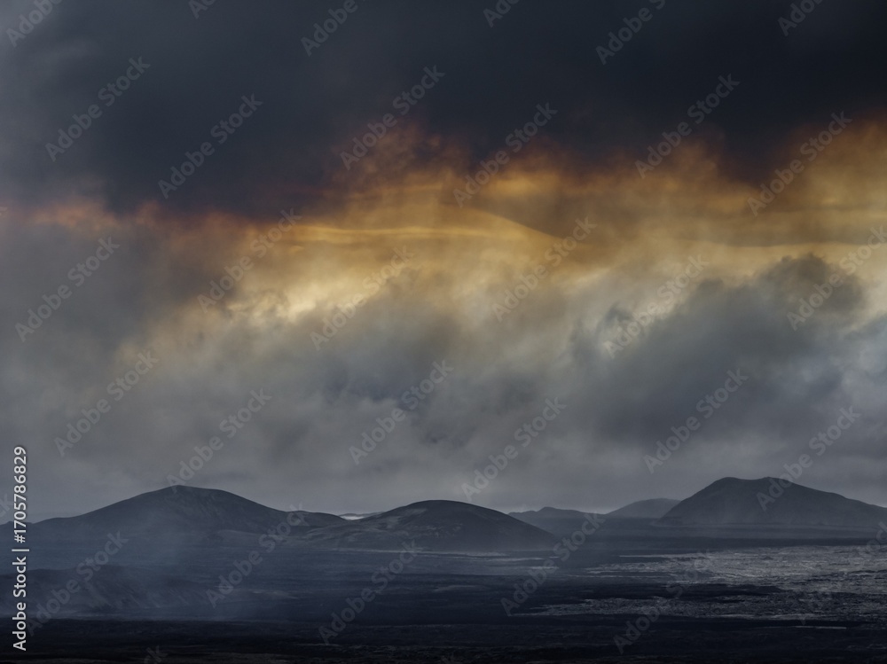Lava, lava field, ash cloud, volcanic eruption, panorama, mountains ...
