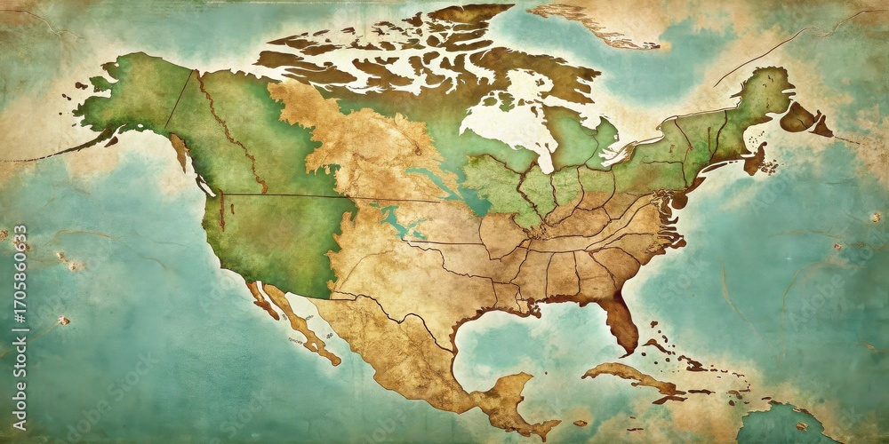 A Vintage-Style Map Depicting the Geographical Regions of North America ...