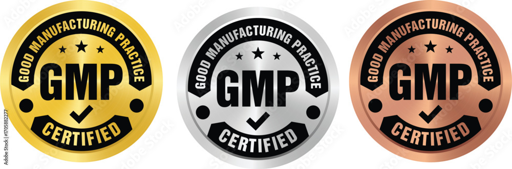 GMP (Good Manufacturing Practice) certified round stamp on transparent ...