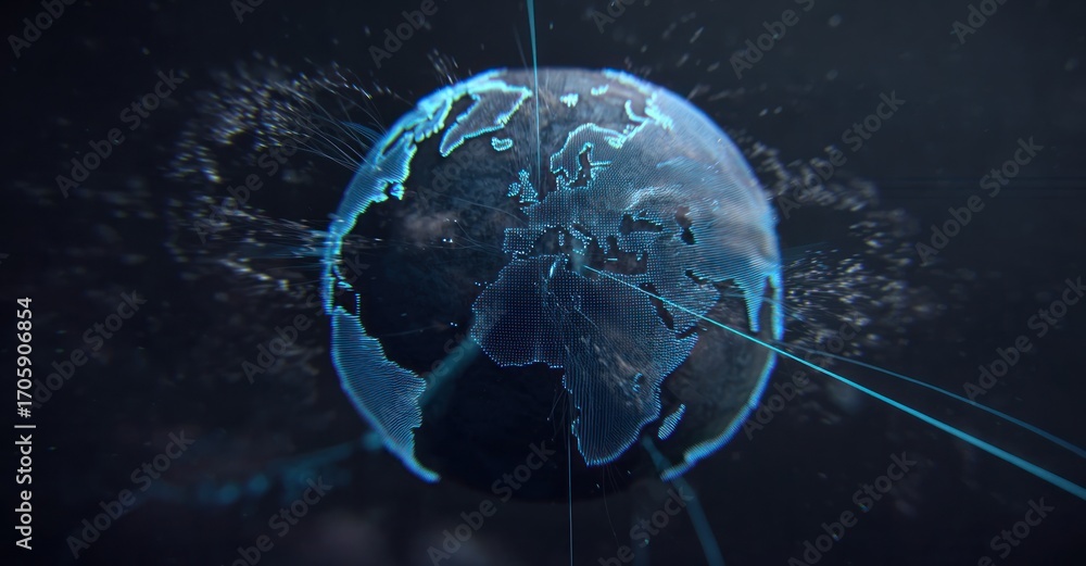 Holographic globe showing continents, connected by blue energy lines ...