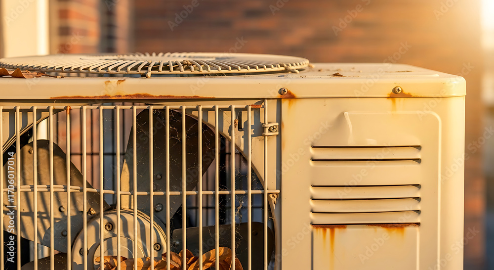 Rusty outdoor air conditioning unit with visible fan blades and ...