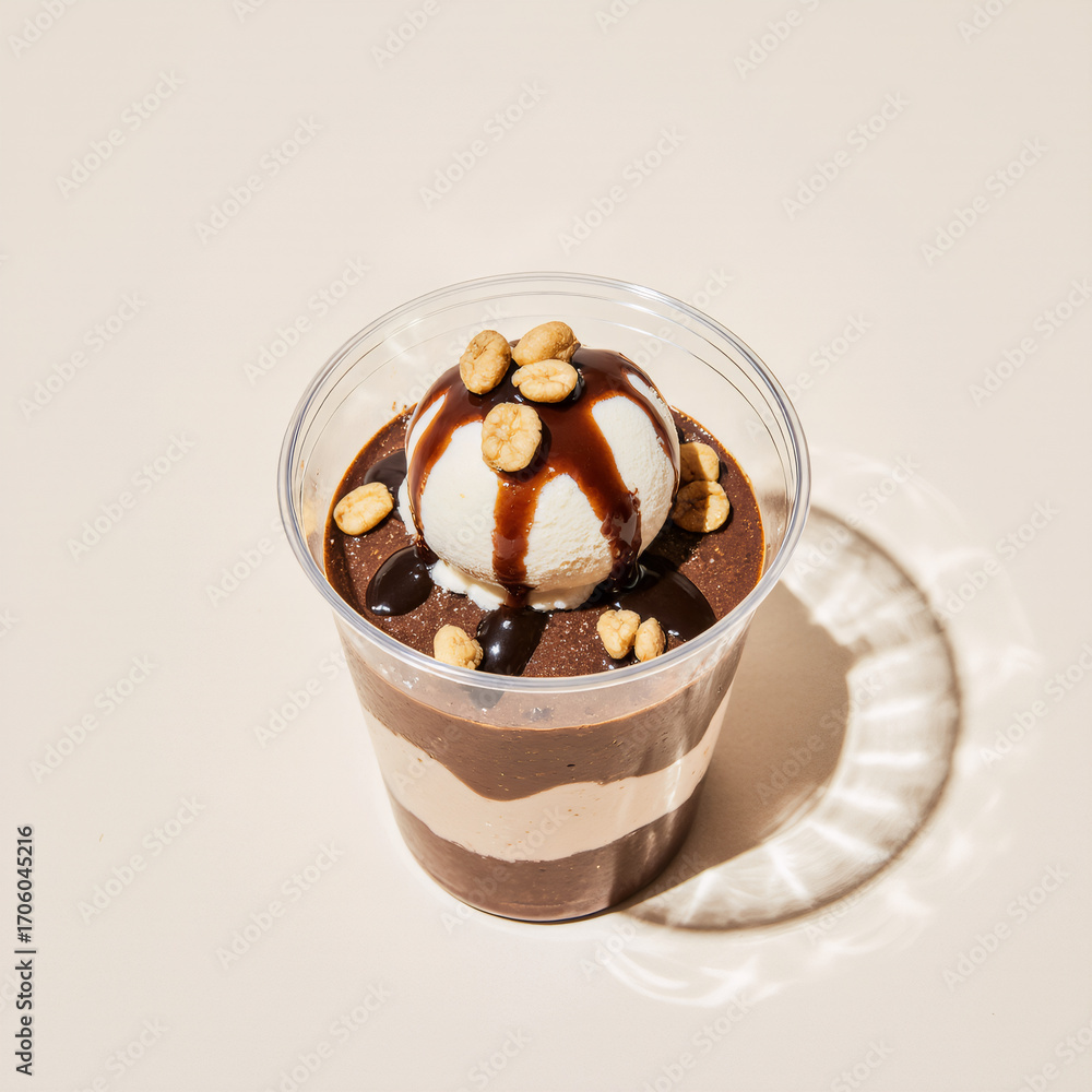 Chocolate fudge sundae in a clear plastic cup with vanilla soft serve ...