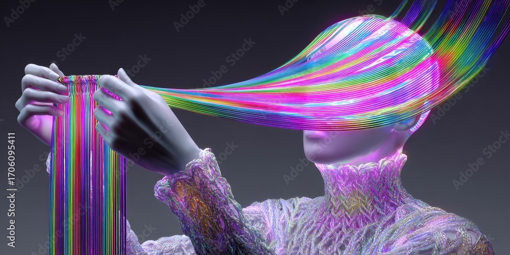 ภาพถ่าย Stock Surreal Rainbow Light Knitting Hands on Dark Background ...
