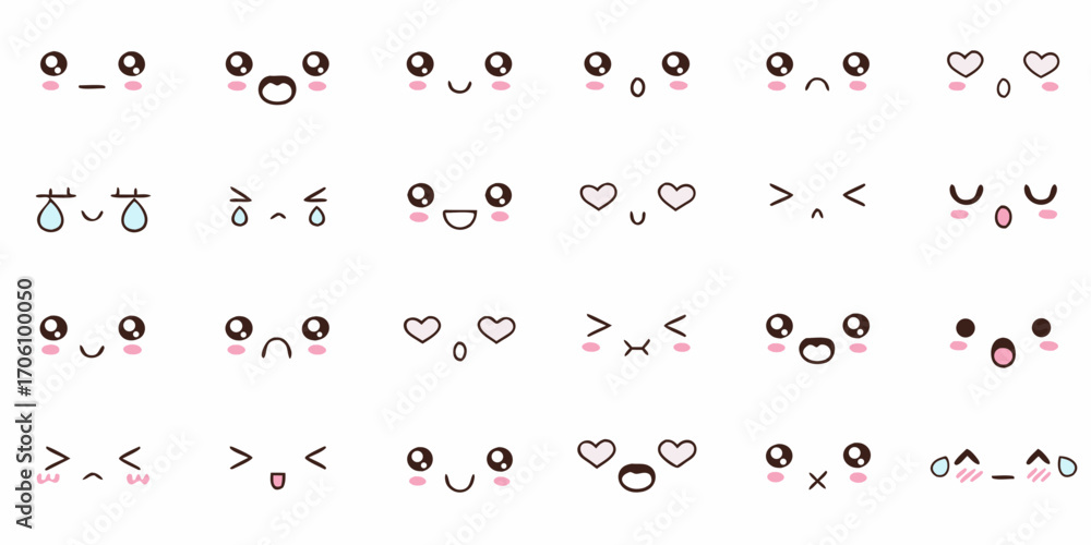 Collection of cute kawaii faces expressing various emotions and ...