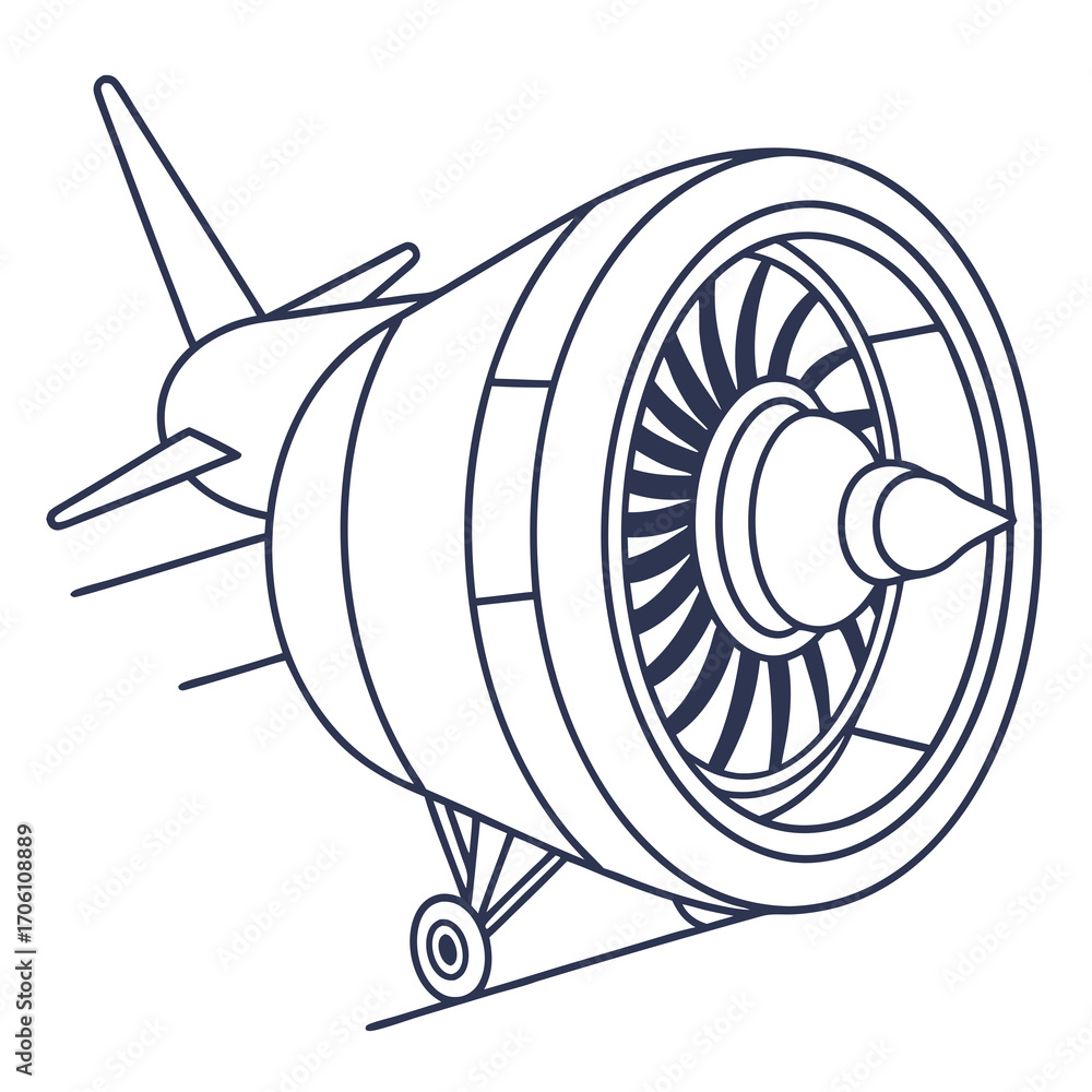 Stylized line drawing of a jet engine with blades and landing gear on a ...