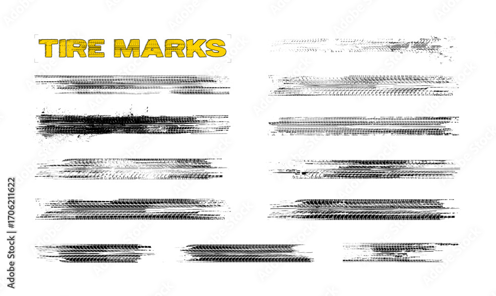Set of Grunge Tire Track Marks Isolated on White Background. Collection ...