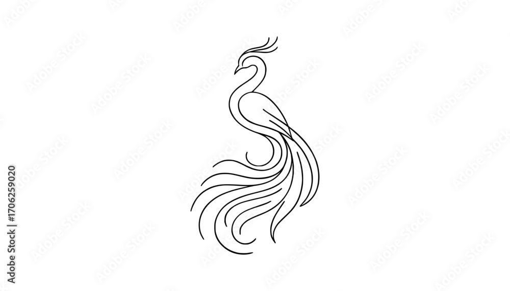 Image vectorielle Stock Elegant line art phoenix with flowing feathers ...