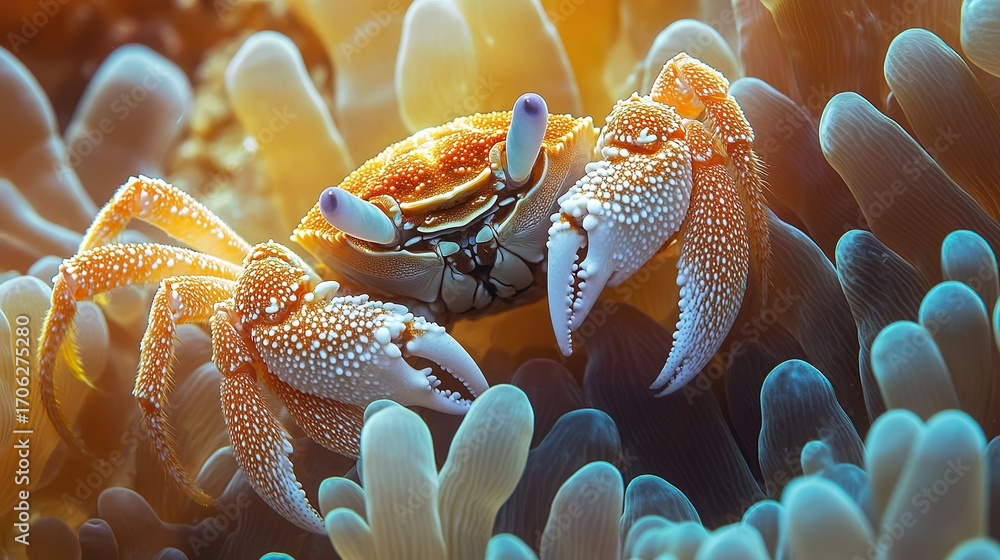 Anemone crab hidden within sunlit coral polyps, its legs tucked tightly ...