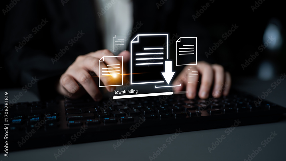 Visual representation of digital document downloading, showing file ...