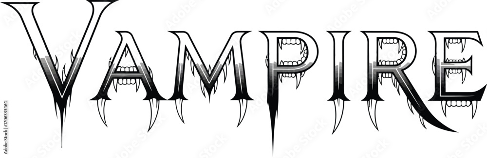 Word vampire in a spooky font with fangs on a white background design ...